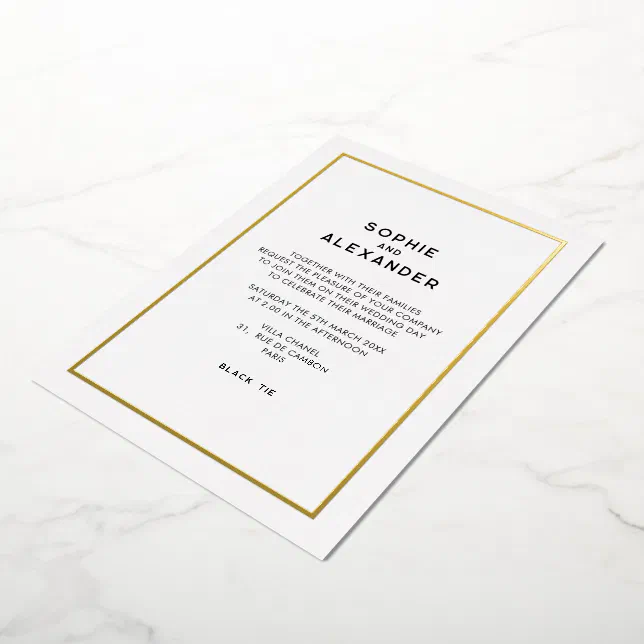 Chic Minimal Parisian French Gold Border Wedding Foil Invitation | Zazzle