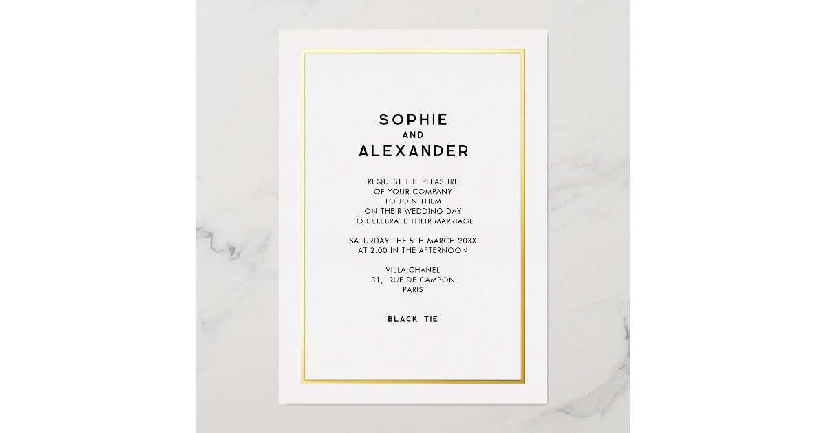 Chic Minimal Parisian Gold Border Wedding Foil Invitation | Zazzle