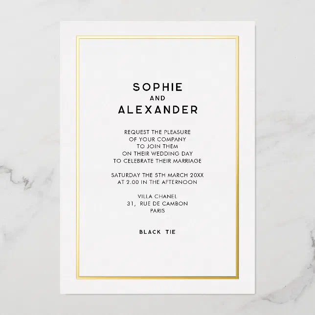 Chic Minimal Parisian Gold Border Wedding Foil Invitation | Zazzle