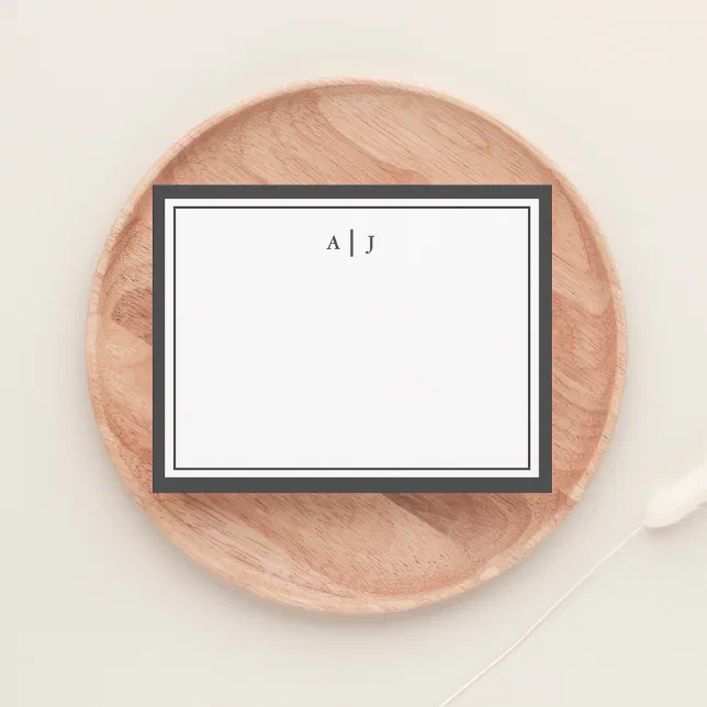 Chic Minimalist Ash Black Two Border Monogram Note Card | Zazzle