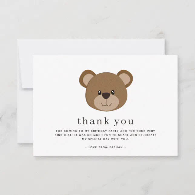 Chic Minimalist Brown Bear Birthday Thank You Card | Zazzle
