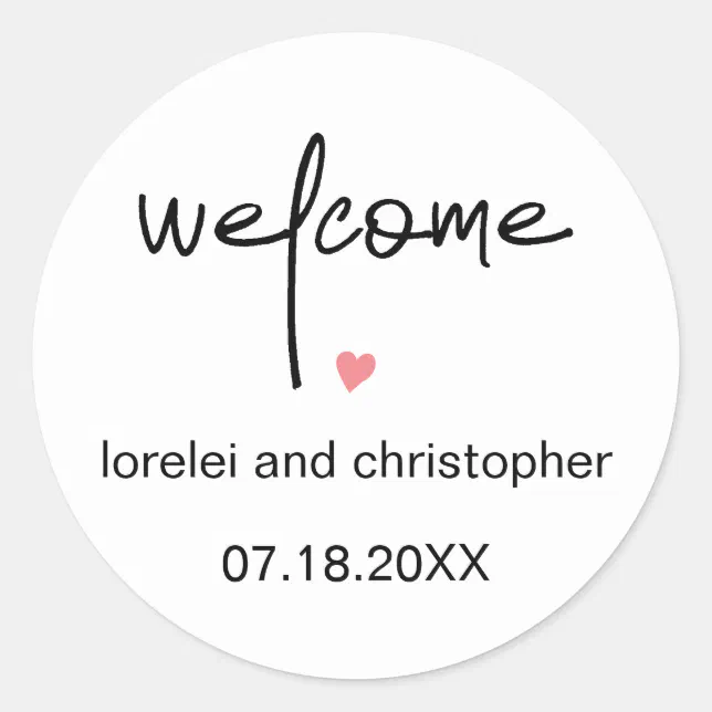 Chic Minimalist Font, Welcome & Heart Wedding Classic Round Sticker ...