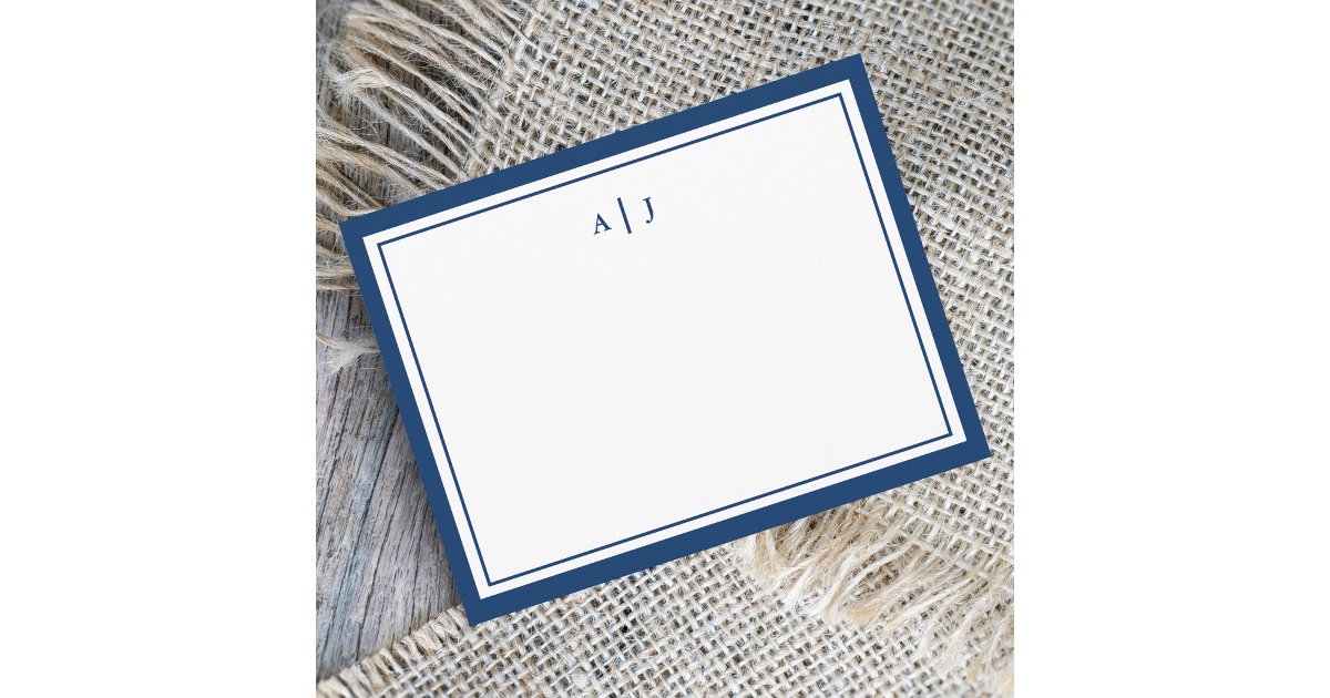 Chic Minimalist Navy Blue Two Border Monogram Note Card | Zazzle