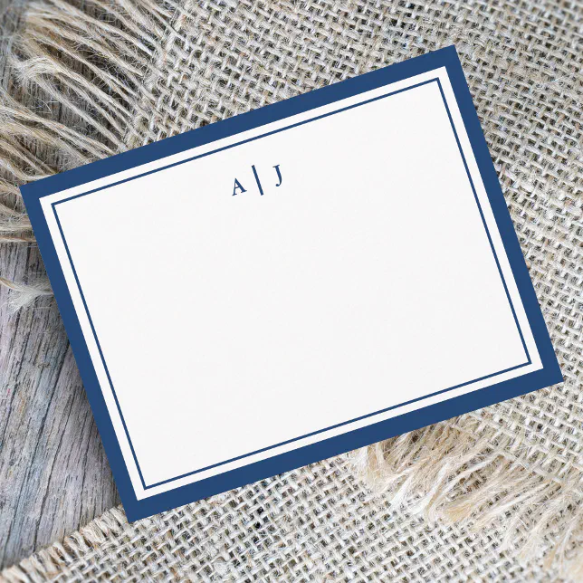 Chic Minimalist Navy Blue Two Border Monogram Note Card | Zazzle