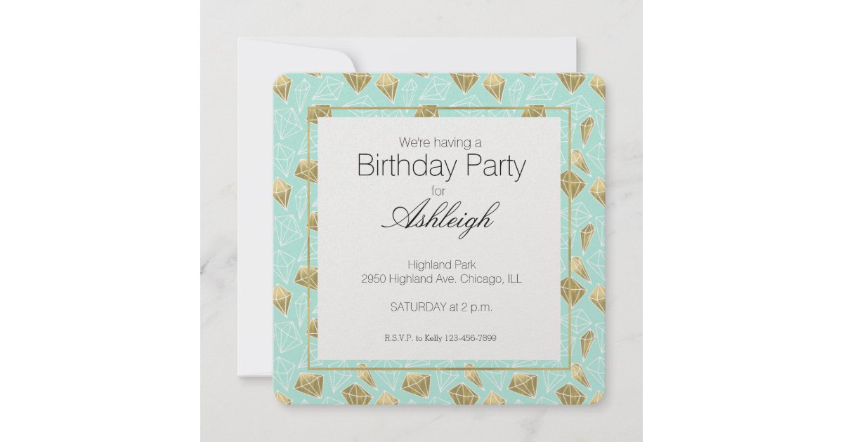 Chic Mint and Gold Diamonds Birthday Invitation | Zazzle
