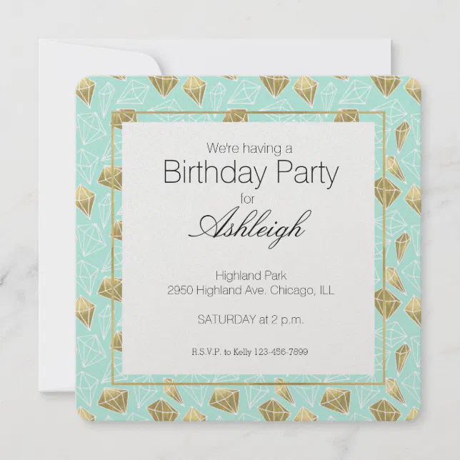 Chic Mint and Gold Diamonds Birthday Invitation | Zazzle