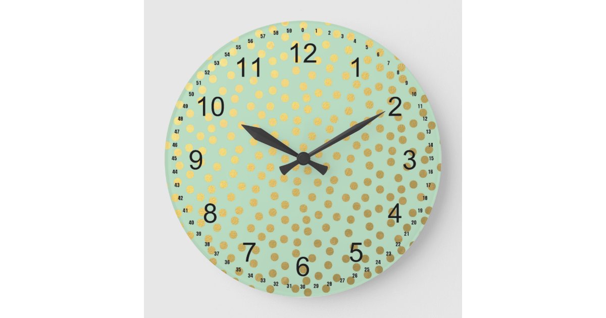 Chic Mint Gold Confetti Dots Large Clock | Zazzle