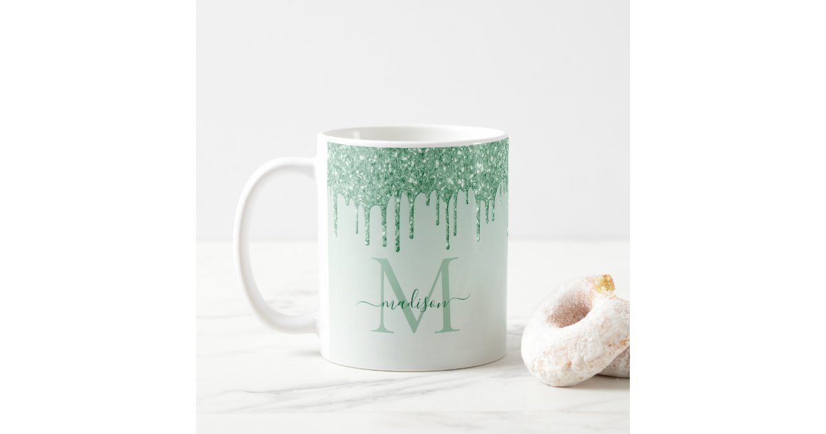 Chic Mint Green Glitter Sparkle Monogram Script Coffee Mug | Zazzle