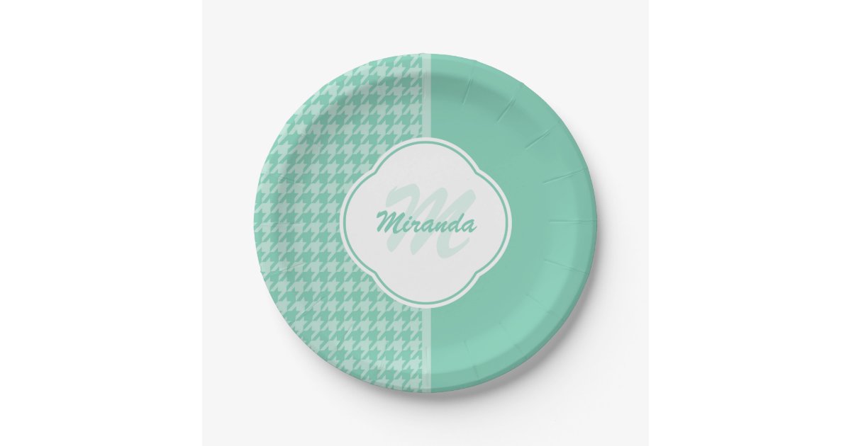 Chic Mint Green Houndstooth With Monogram and Name Paper Plates | Zazzle