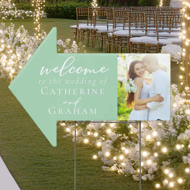 Chic Mint Green Wedding Couple Photo Arrow Yard Sign | Zazzle