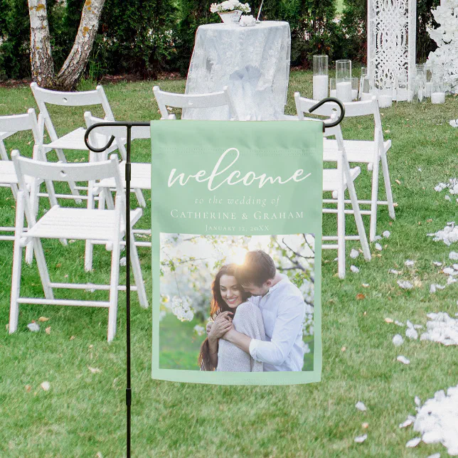 Chic Mint Green Wedding Couple Photo Welcome Garden Flag | Zazzle
