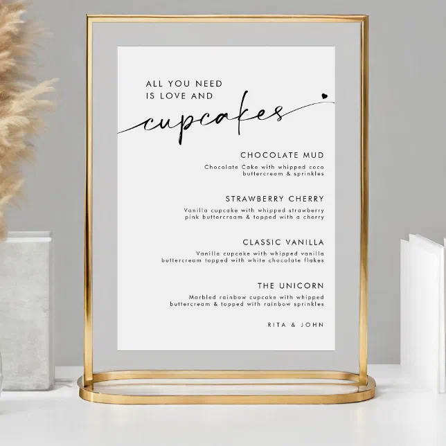 Chic Modern Dessert Cupcake Menu Wedding Sign | Zazzle