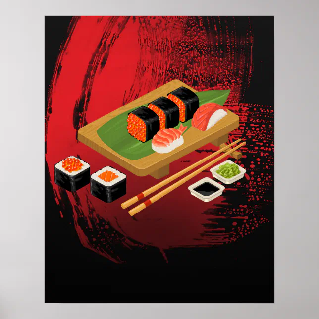 Chic Modern Elegant Black & Red Sushi Poster | Zazzle