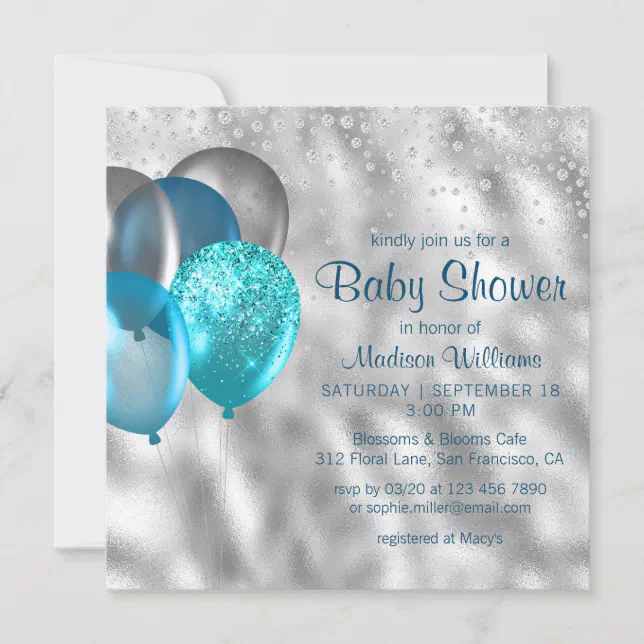 Chic Modern Glitter Balloons Turquoise Baby Shower Invitation | Zazzle