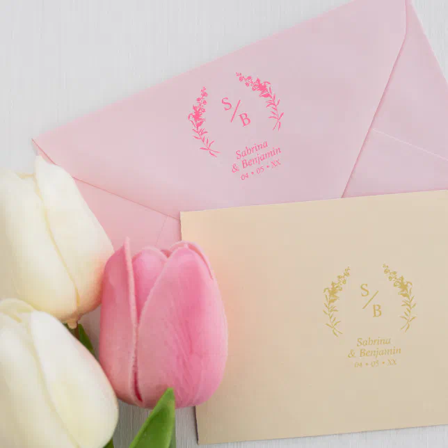 Chic Modern Minimalist Initials Twigs & Flowers Rubber Stamp | Zazzle