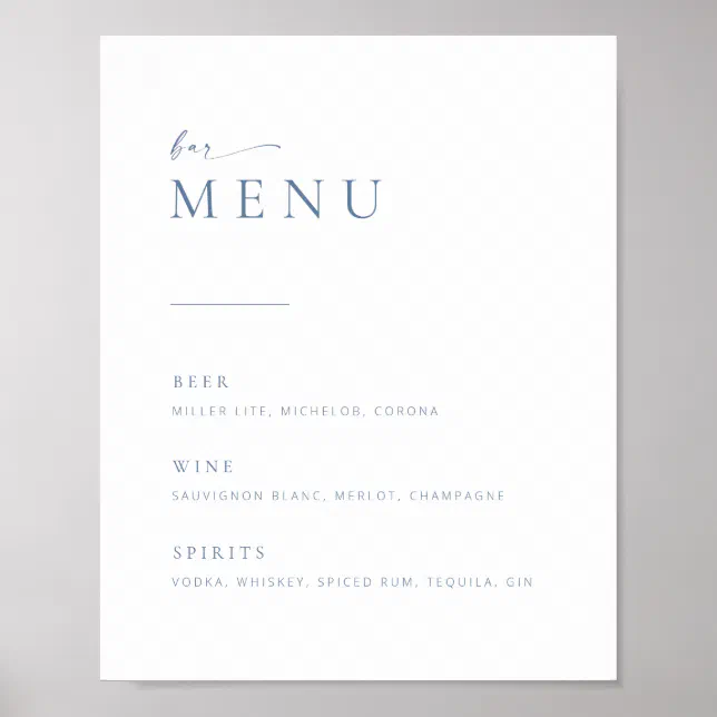 Chic + Modern Script Wedding Bar Menu Sign | Blue | Zazzle