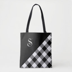 Chic Monogram Black White Buffalo Check Geometric Tote Bag | Zazzle