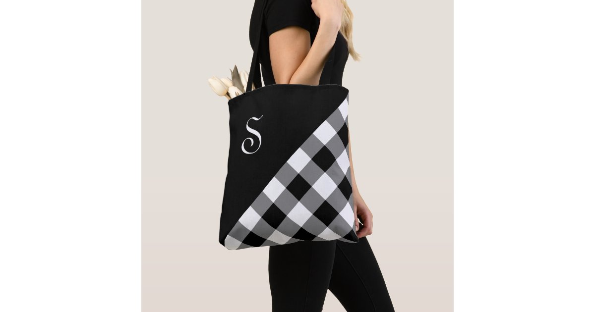 Chic Monogram Black White Buffalo Check Geometric Tote Bag | Zazzle