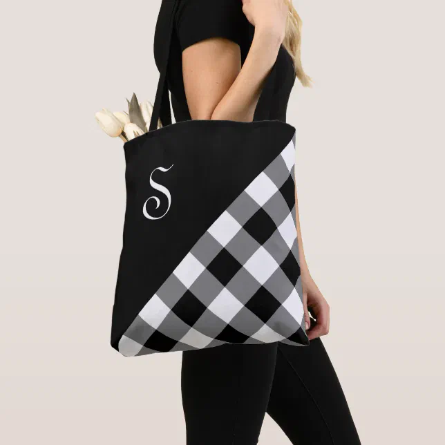 Chic Monogram Black White Buffalo Check Geometric Tote Bag | Zazzle