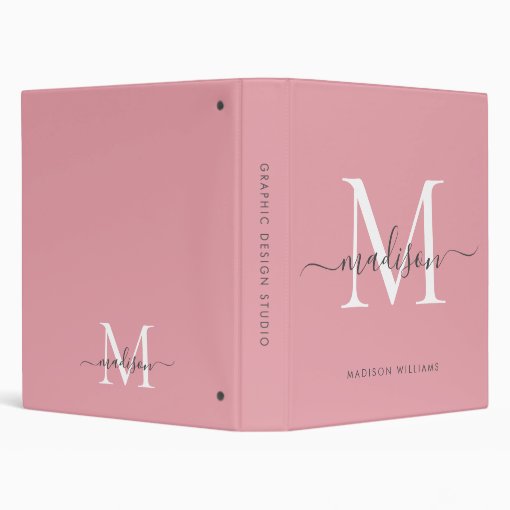 Chic Monogram Blush Pink Gray Script Office School 3 Ring Binder | Zazzle