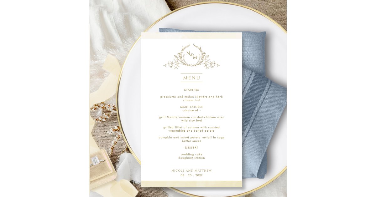 Chic Monogram Champagne Watercolor Wedding Menu | Zazzle