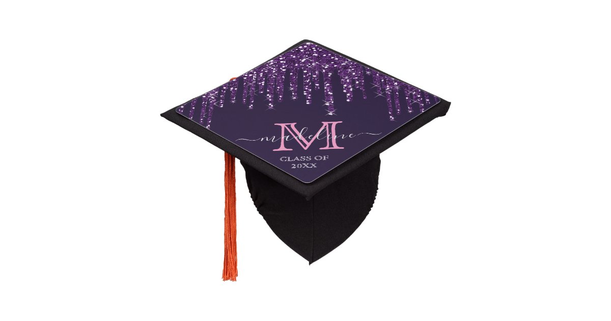 Chic Monogram Girly Hot Purple Glitter Drips Graduation Cap Topper | Zazzle