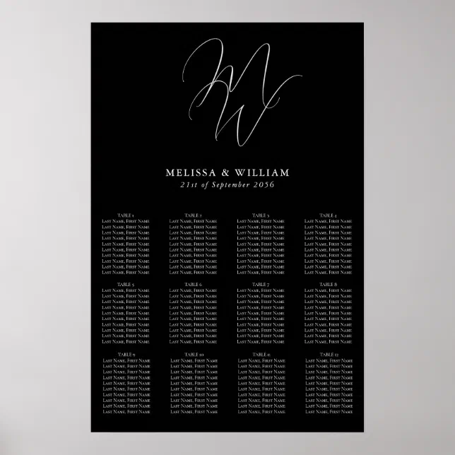 Chic Monogram Modern Black Wedding Seating Chart | Zazzle