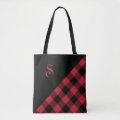 Chic Monogram Red Black Buffalo Check Geometric Tote Bag | Zazzle