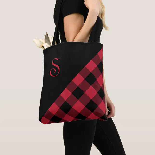 Chic Monogram Red Black Buffalo Check Geometric Tote Bag | Zazzle