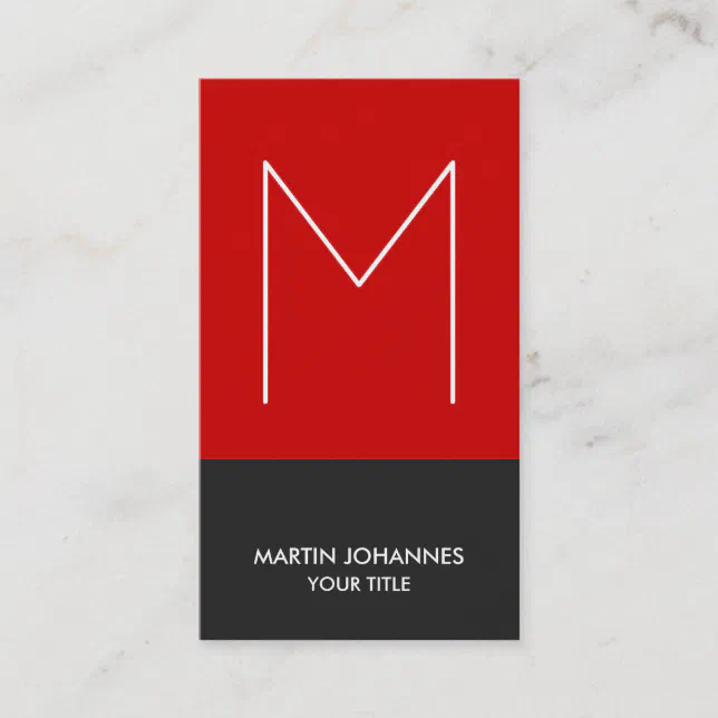 Chic Monogram Vertical Red Grey Business Card | Zazzle