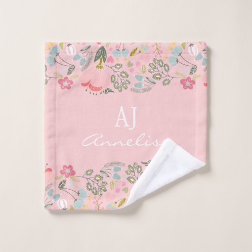 Chic monogrammed girly pink floral custom name bath towel set | Zazzle