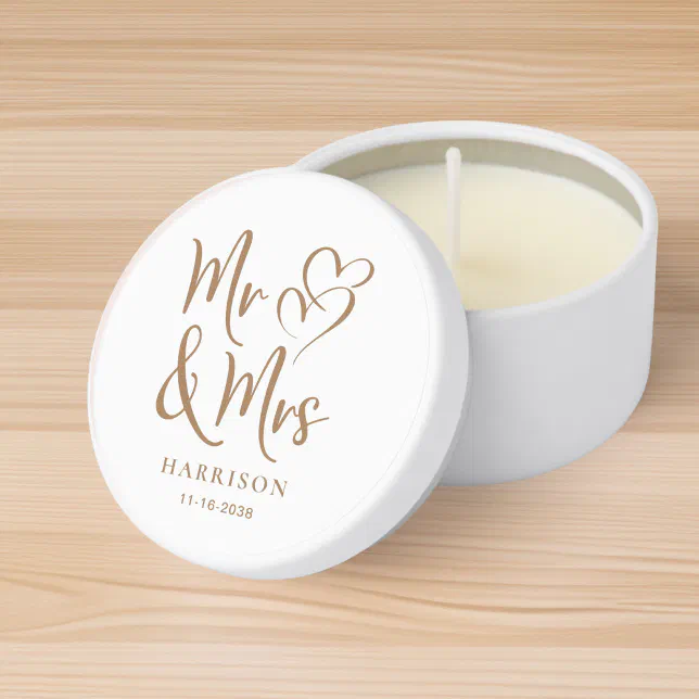 Chic Mr Mrs Gold Script White Wedding Mini Candle Favors | Zazzle