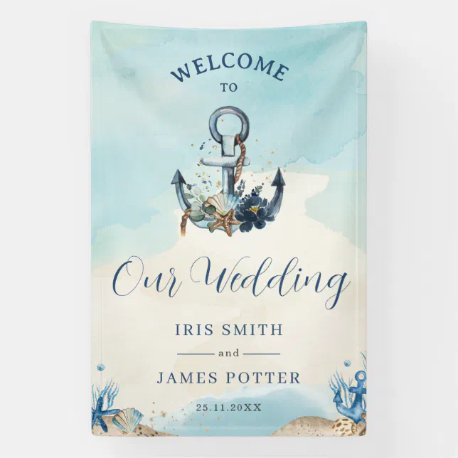 Chic Nautical Anchor Beach Modern Wedding Welcome Banner | Zazzle