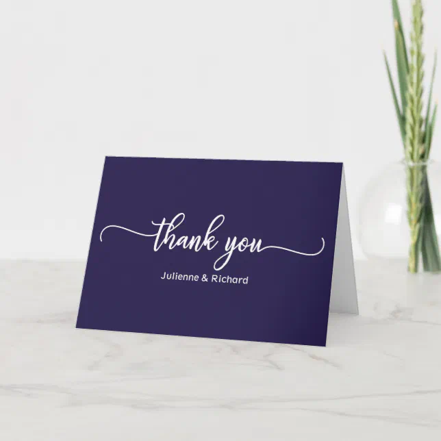 Chic Navy Blue And White Calligraphy Thank You Card | Zazzle