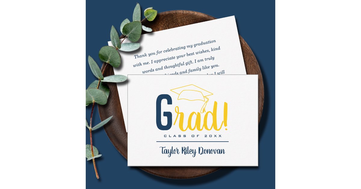 Chic Navy Blue and Yellow Grad Cap Graduation Note Card | Zazzle