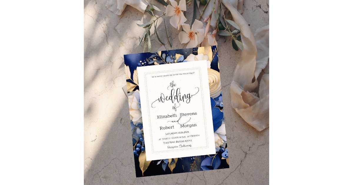 Chic Navy Blue Cream Flowers Wedding Invitation | Zazzle