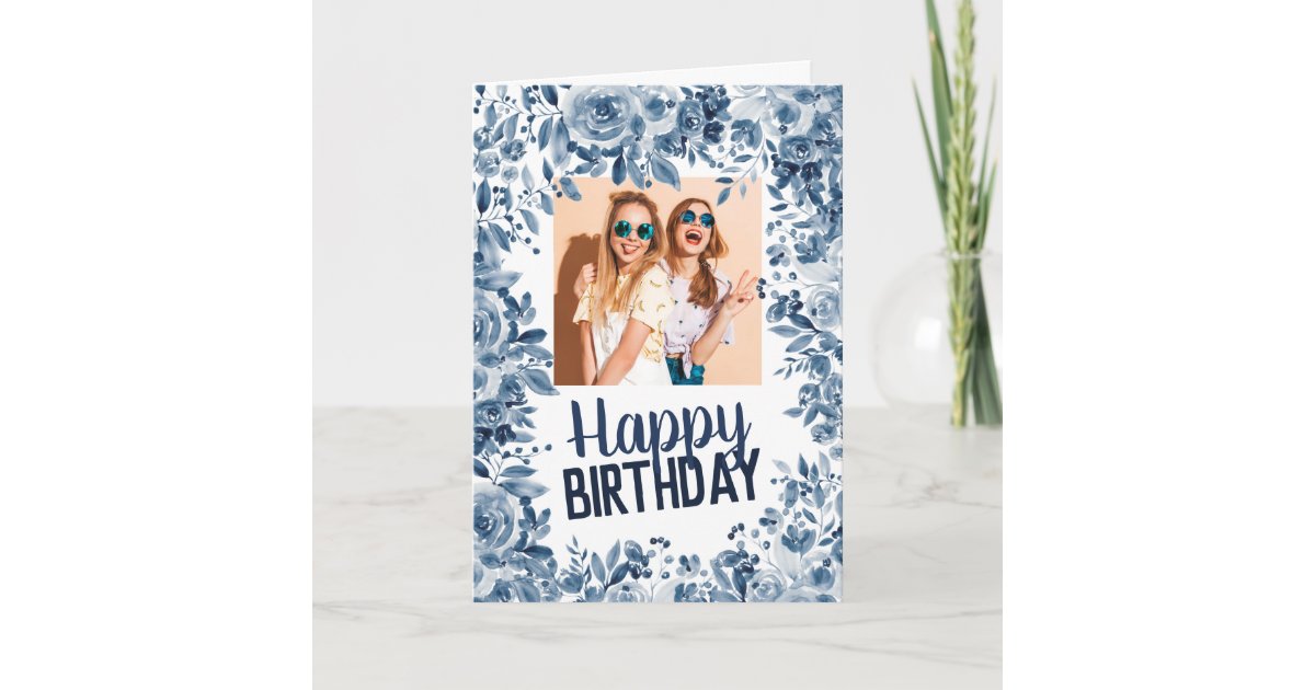 Chic navy blue floral happy birthday photo card | Zazzle