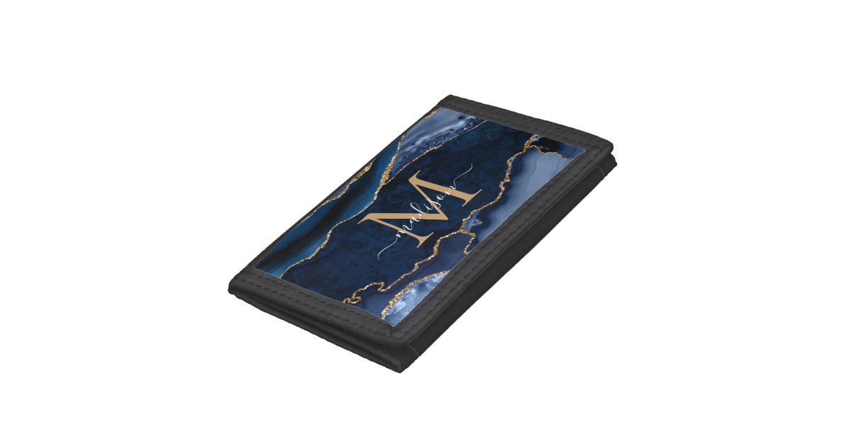 Chic Navy Blue Gold Agate Geode Feminine Monogram Trifold Wallet | Zazzle