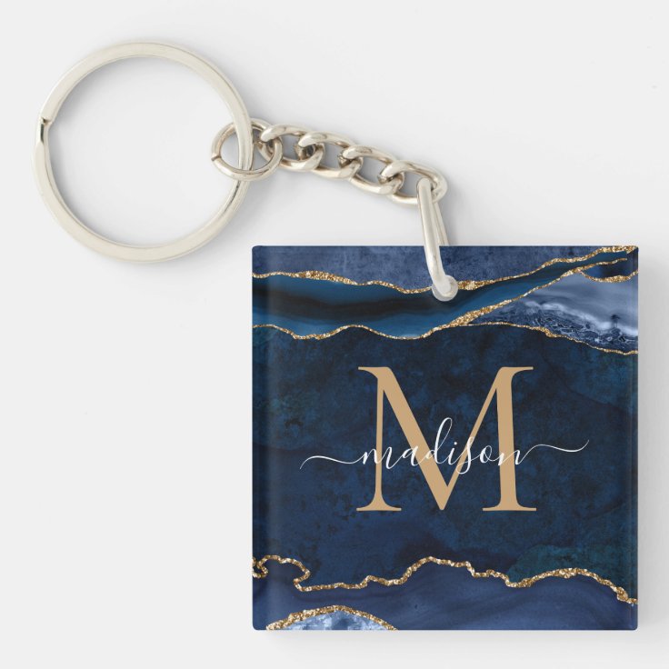 Chic Navy Blue Gold Agate Geode Glitter Monogram Keychain | Zazzle