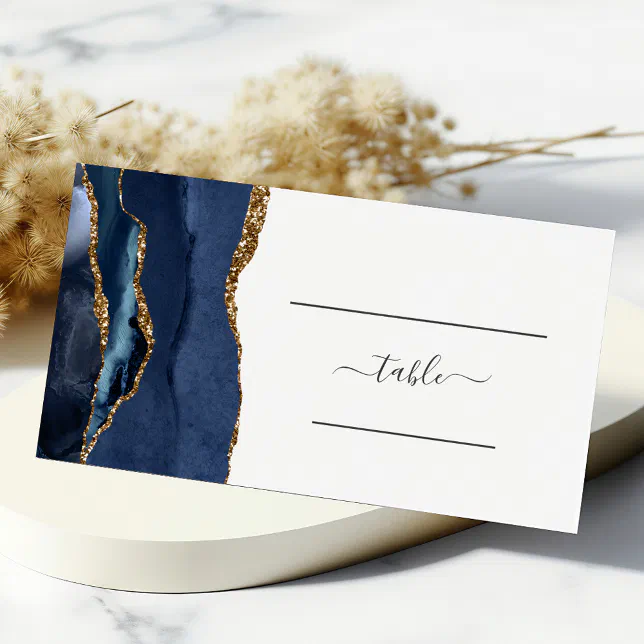 Chic Navy Blue Gold Agate Wedding Table Place Card | Zazzle