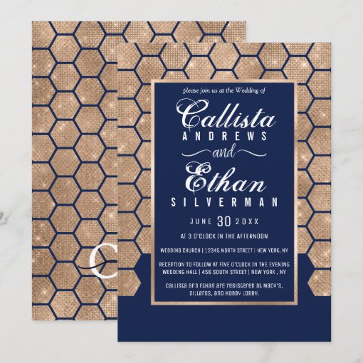 Chic Navy Blue Gold Glitter Hexagon Geo Wedding Invitation | Zazzle