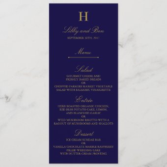 Chic Navy Blue & Gold Wedding Menu Template | Zazzle