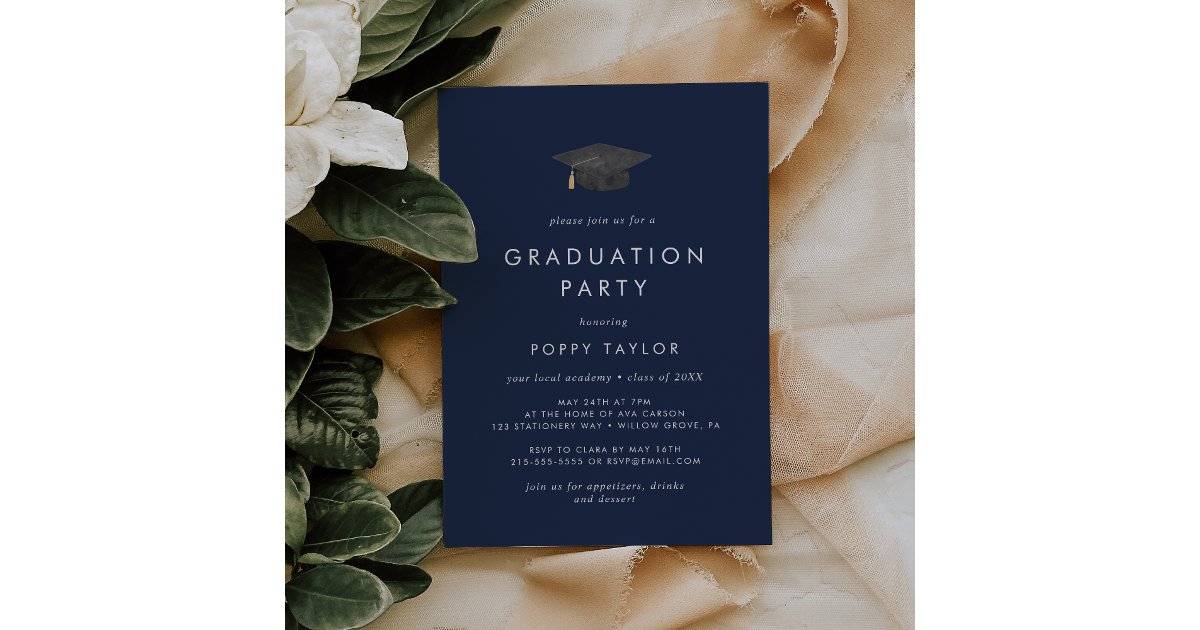 Chic Navy Blue Grad Cap Graduation Party Invitation | Zazzle
