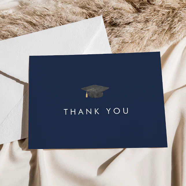 Chic Navy Blue Grad Cap Graduation Thank You Card | Zazzle