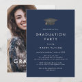 Chic Navy Blue Grad Cap Photo Graduation Party Invitation | Zazzle