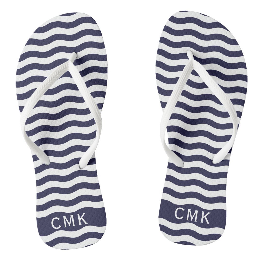 Chic Navy Blue Nautical Waves Beach Monogram Flip Flops | Zazzle