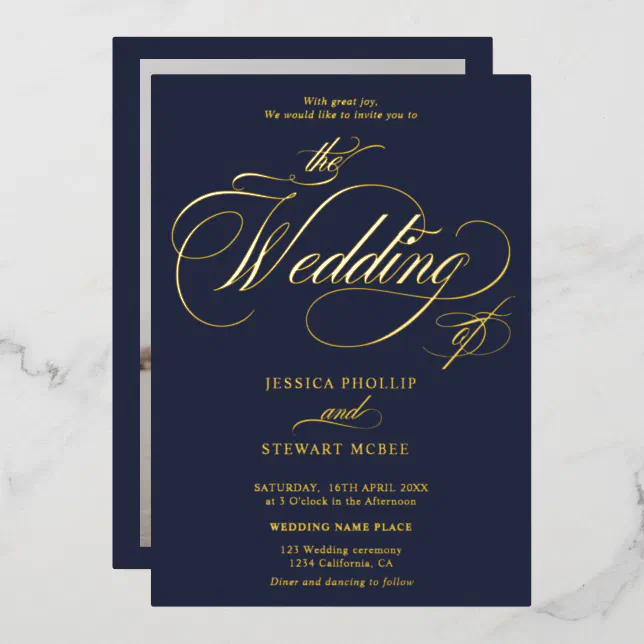 Chic navy blue photo calligraphy wedding foil invitation | Zazzle