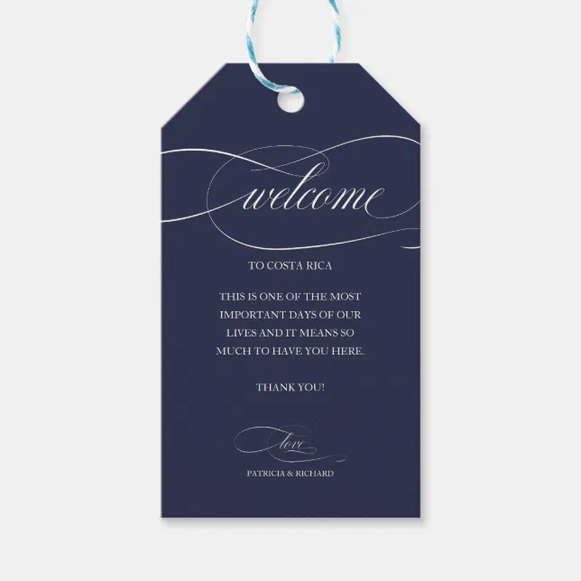 Chic Navy Blue Wedding Welcome Thank You Gift Tags | Zazzle