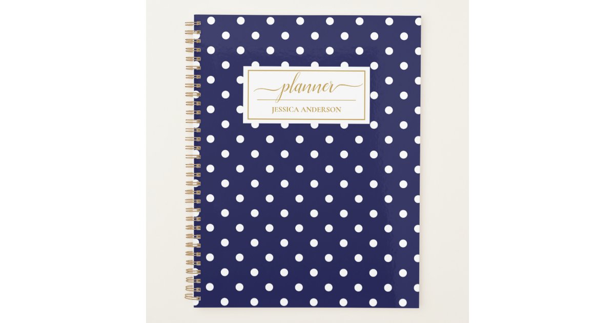 Chic Navy Blue White Polka Dots Pattern Planner | Zazzle