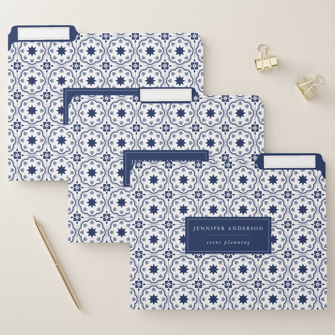 Chic Navy & White Moroccan Tile Pattern File Folder | Zazzle
